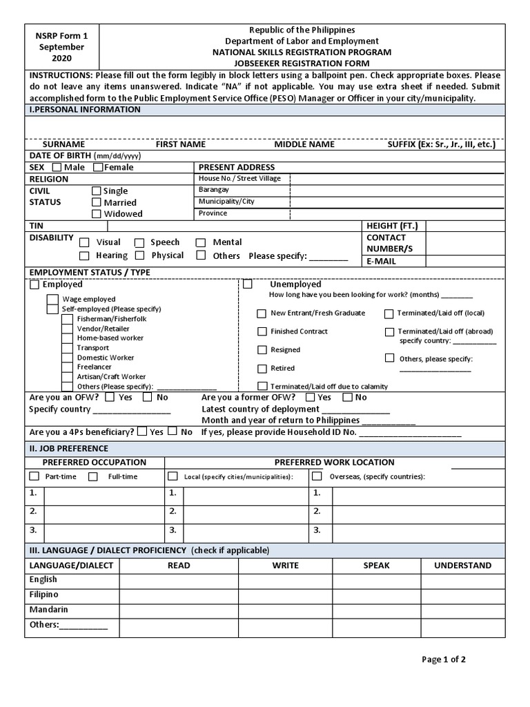 NSRP Jobseeker Registration Form | PDF | Labor | Employment