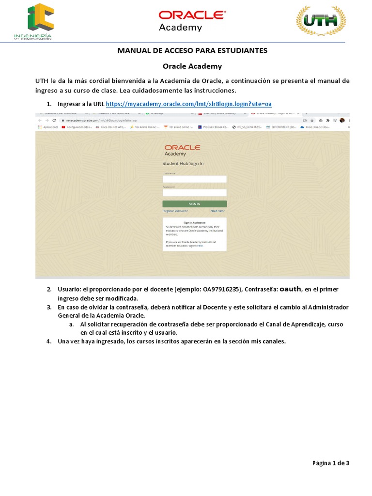 Manual de Acceso Oracle Academy UTH | PDF