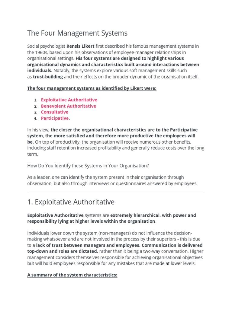 The Four Management Systems: Exploitative Authoritative Benevolent ...