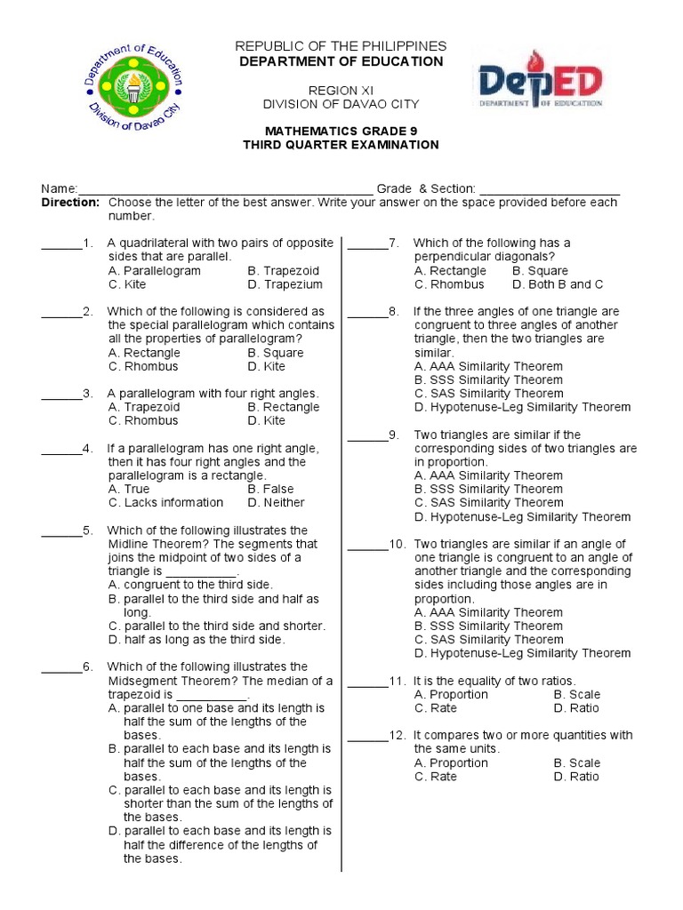 Grade 9 3rd Quarter Exam | PDF | Rectangle | Triangle