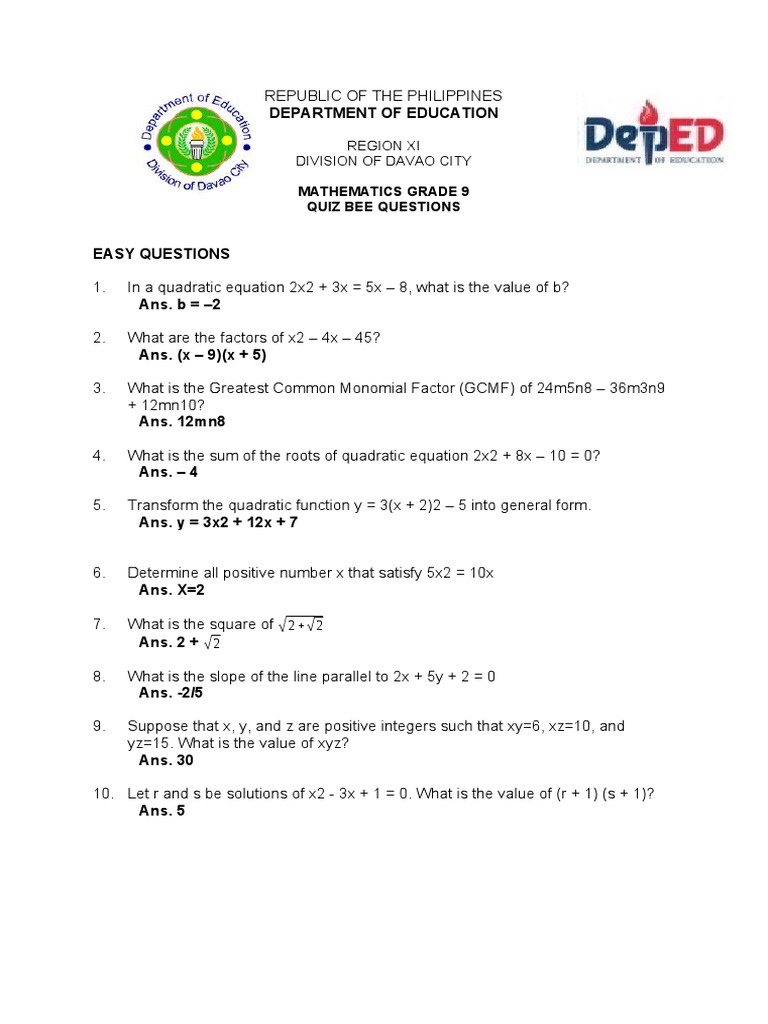 Grade 9 Quiz Bee Pdf Quadratic Equation Area