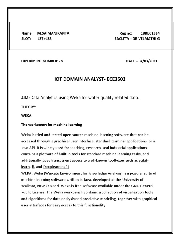 Iot Domain Analyst-Ece3502: Data Analytics Using Weka For Water Quality Related Data | PDF ...