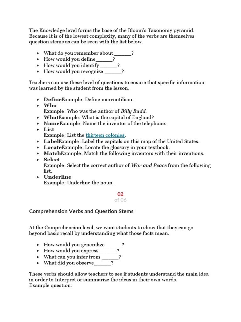 Blooms Taxonomy For Questions | PDF | Question | Reading Comprehension
