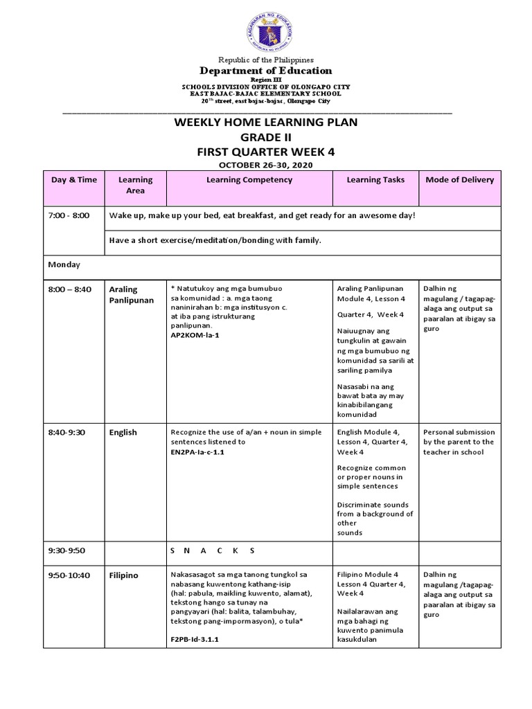 Grade 2 Weekly Learning Plan | PDF | Cognition | Learning