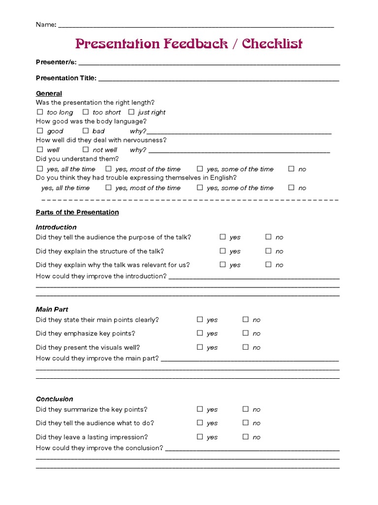 Presentation Feedback: Checklist | PDF | Communication | Human Nature