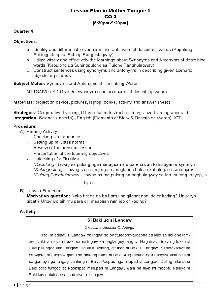 Lesson Plan in MT 1 - Co3 | PDF