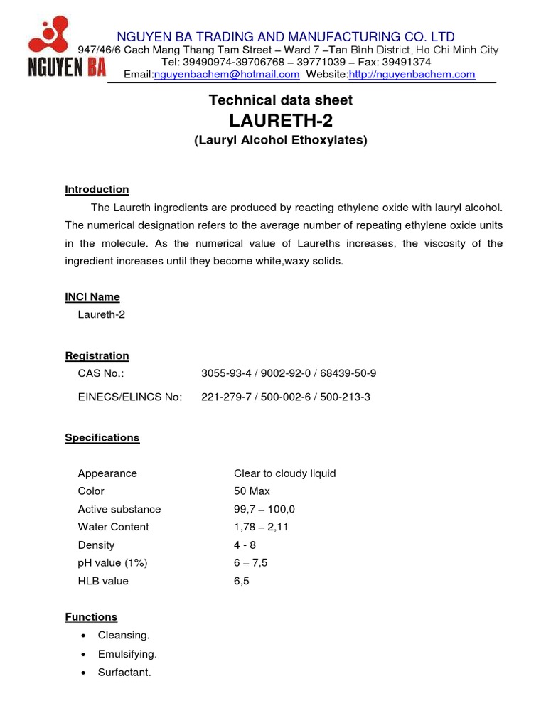 Laureth-2: Technical Data Sheet | PDF