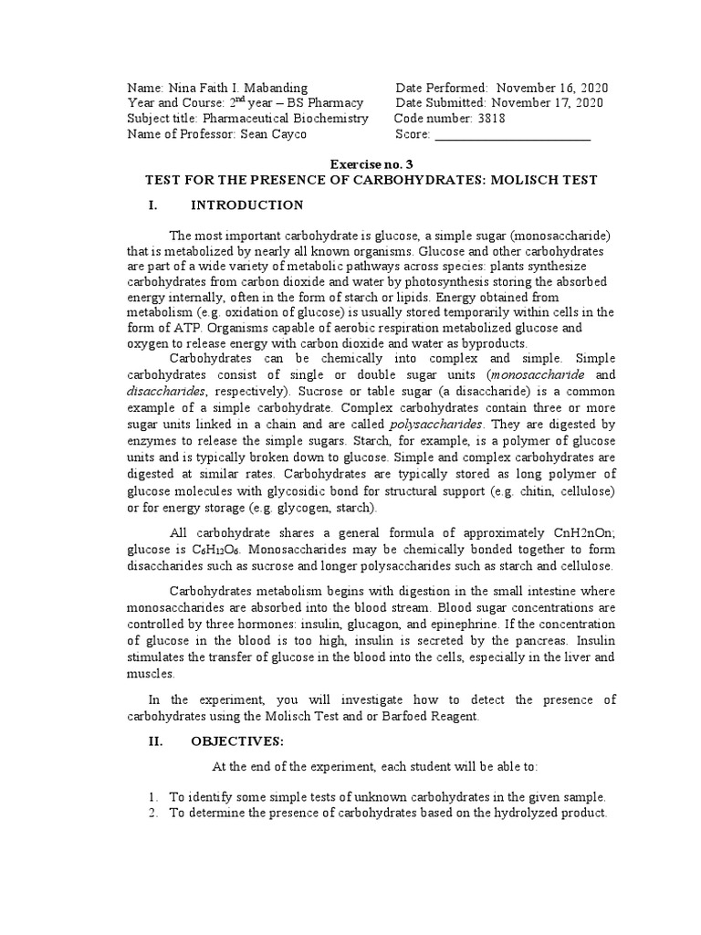 Exp. 3 Test For The Presence of Carbohydrates Molisch Test | PDF ...