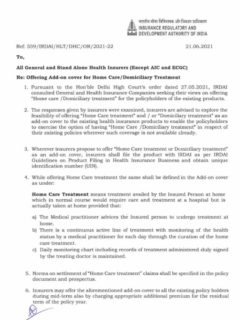 IRDAI Circular On Home Care Domiciliary Treatment | PDF