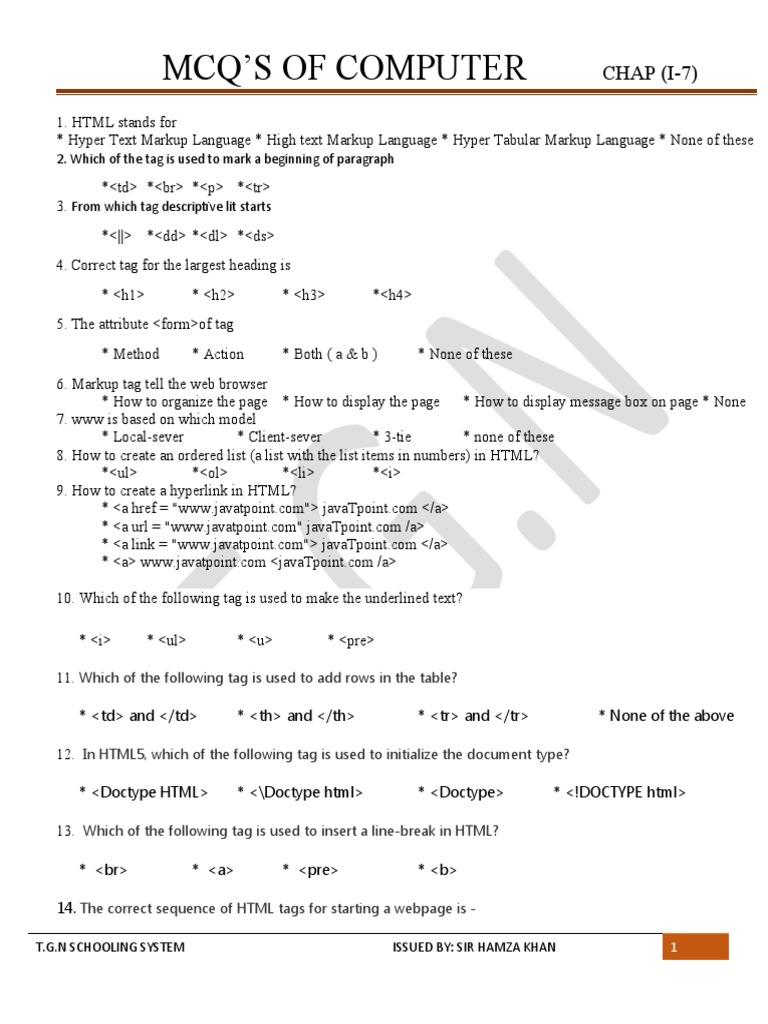 MCQ'S of Computer: CHAP (I-7) | PDF | Html Element | Markup Language