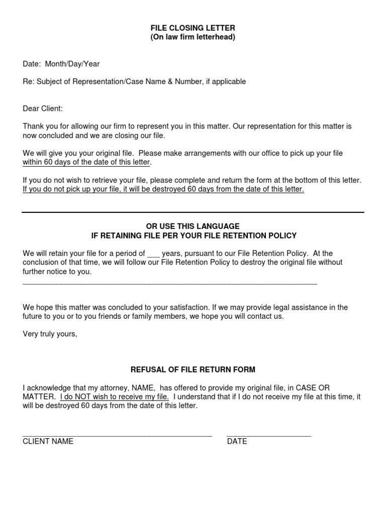 File Closing Letter (On Law Firm Letterhead) | PDF