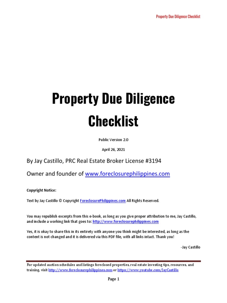 Property Due Diligence Checklist V2 Jay Castillo Pdf Real Estate