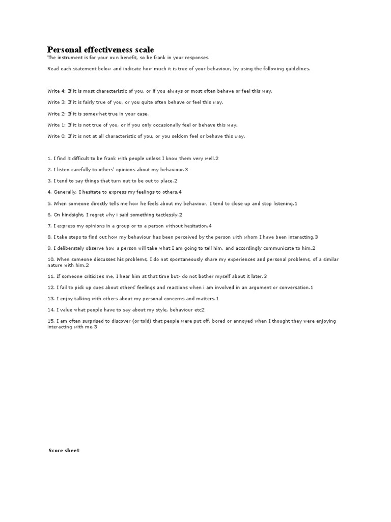 Personal Effectiveness Scale: Score Sheet | PDF | Human Communication ...