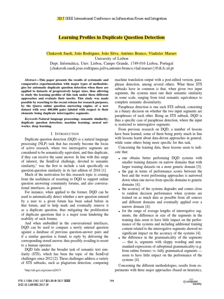 Learning Profiles in Duplicate Question Detection | PDF | Support Vector Machine | Artificial ...