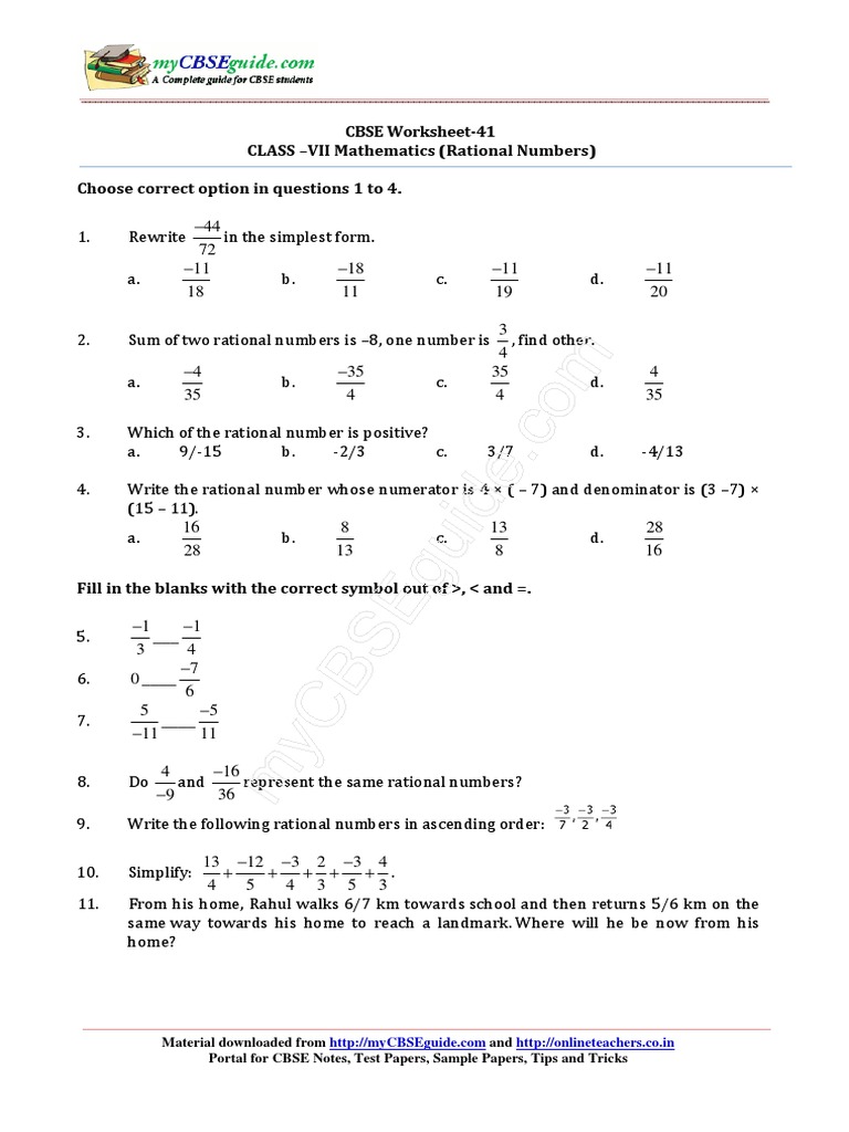 CBSE Worksheet-41 CLASS - VII Mathematics (Rational Numbers) Choose ...