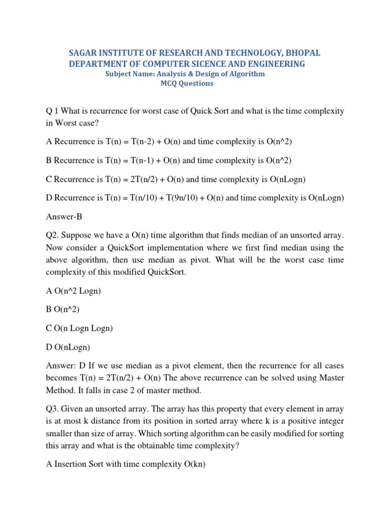 ASA Mcqs 2 | PDF | Computational Complexity Theory | Time Complexity