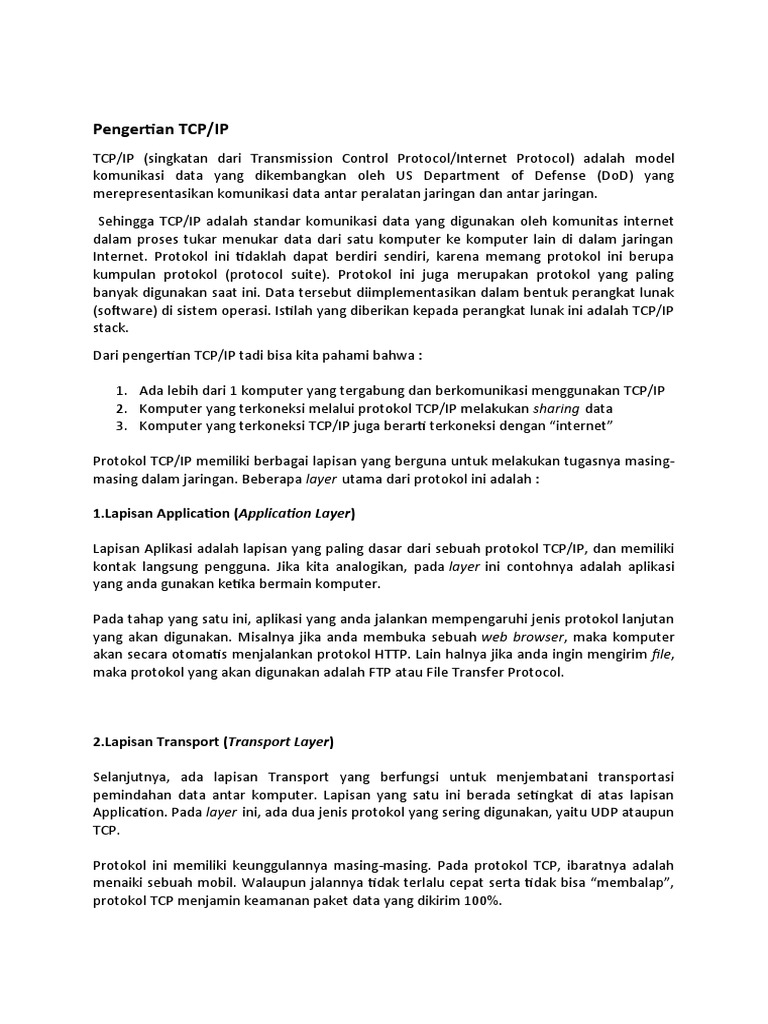 Pengertian TCP/IP: 1.lapisan Application (Application Layer) | PDF | Bisnis