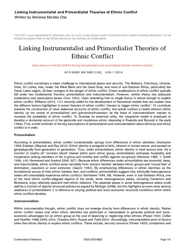Linking Instrumentalist and Primordialist Theories of Ethnic Conflict | PDF