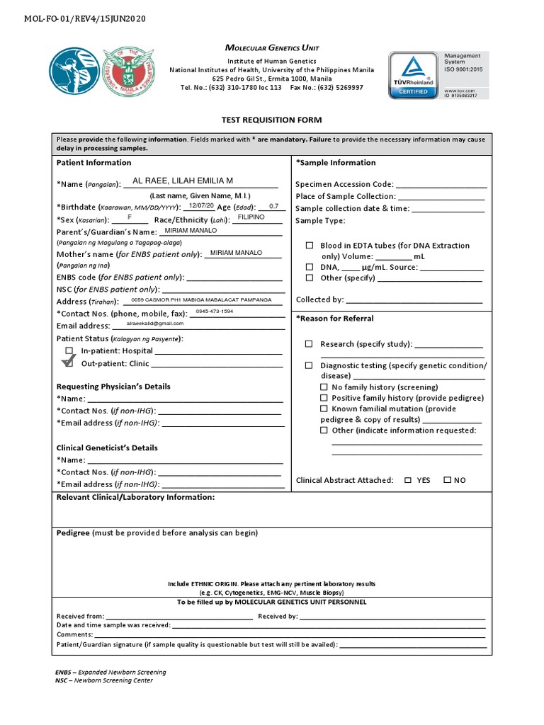 Patient Information Sample Information: Test Requisition Form | PDF ...