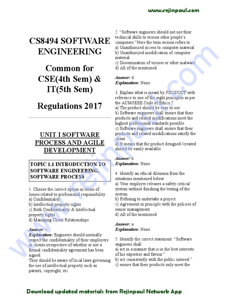 CS8494 Software Engineering MCQ | PDF | Agile Software Development ...