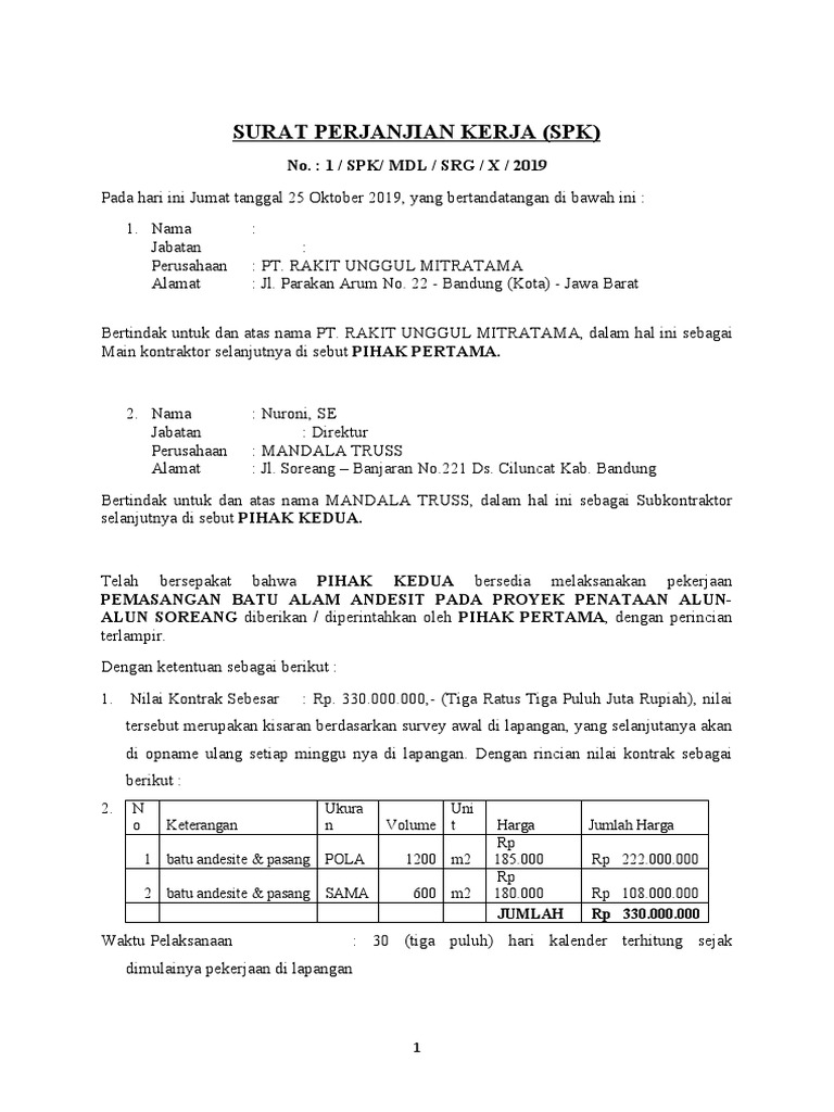 Surat Perjanjian Kerja (SPK) : No.: 1 / SPK/ MDL / SRG / X / 2019 | PDF