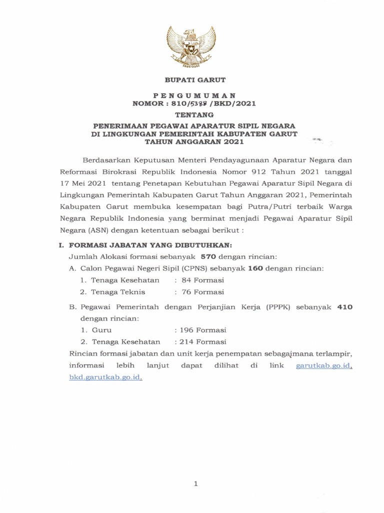 Pengumuman Casn Garut 2021 | PDF