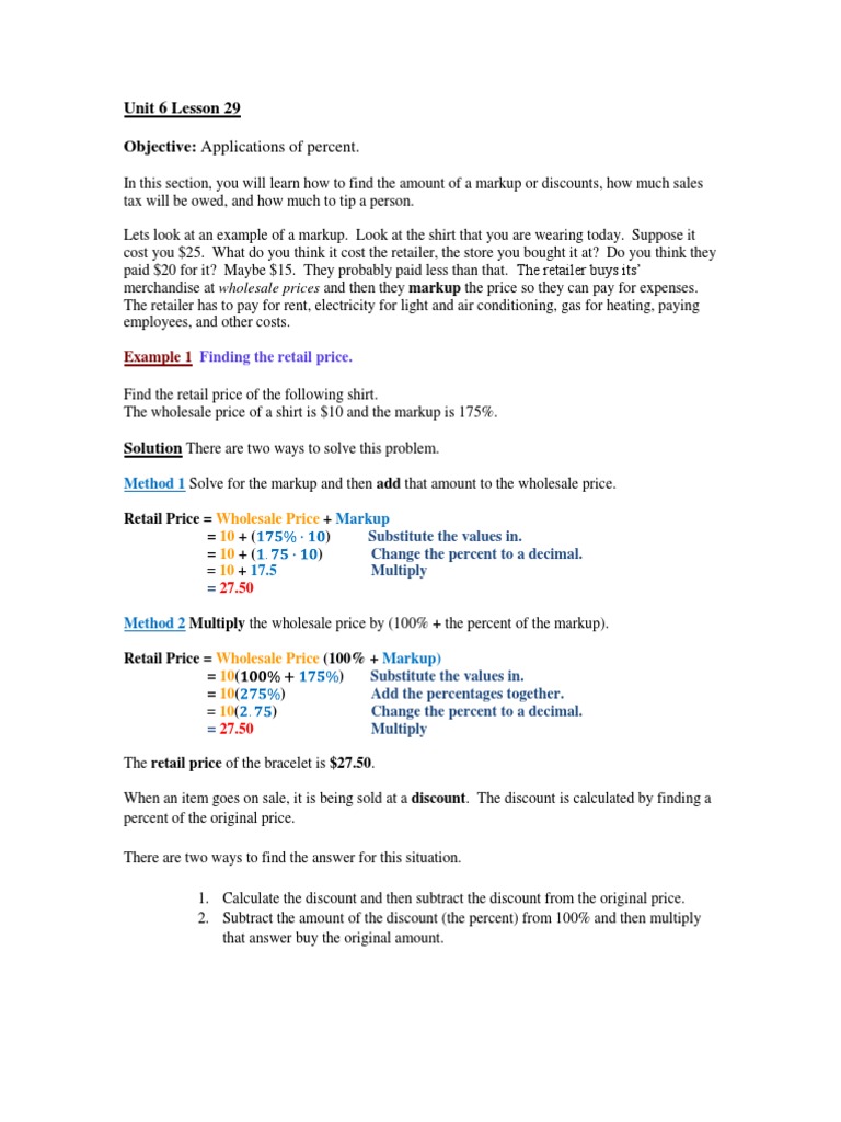 Unit 6 Lesson 29 Objective: Applications of Percent.: Example 1 | PDF ...