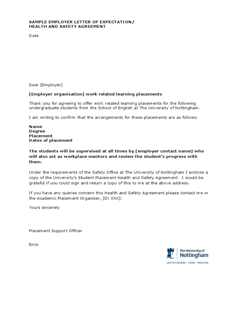 Sample Letter of Expectation Health and Safety Agreement | PDF ...