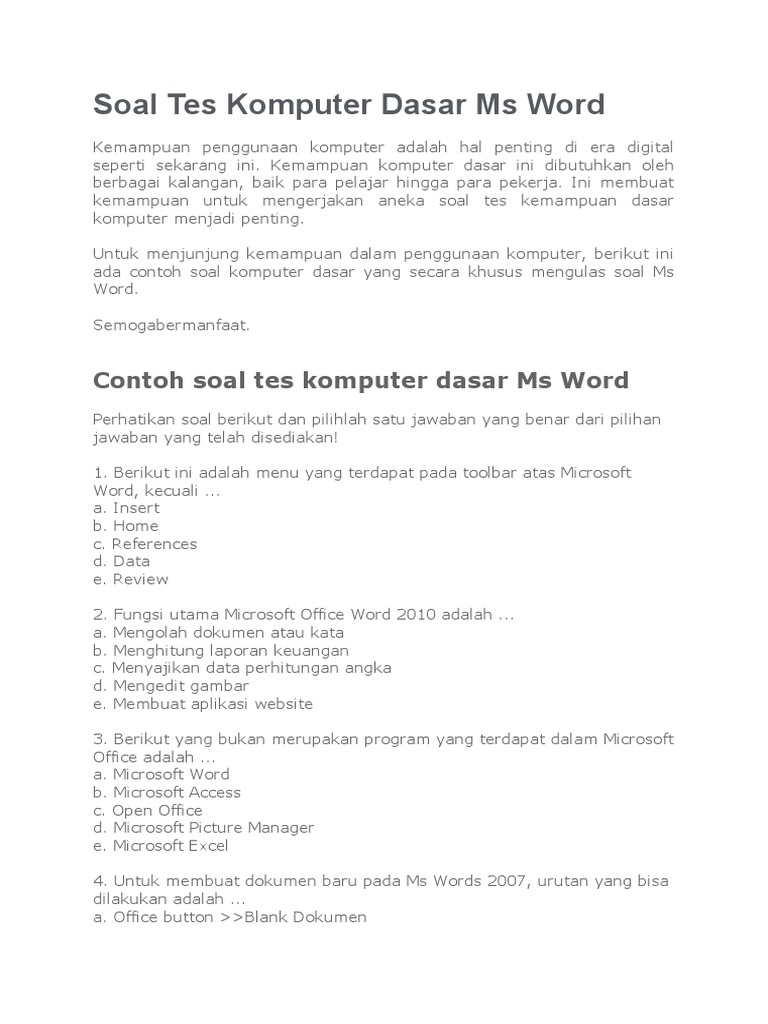Soal Tes Komputer Dasar Ms Word | PDF