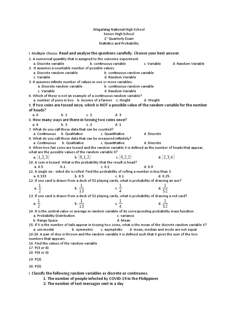 Stat and Prob SUMMATIVE EXAM | PDF | Random Variable | Probability Distribution
