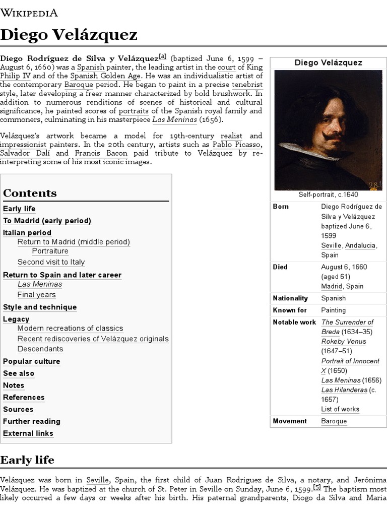 Diego Velázquez - Wikipedia | PDF | Paintings | Sculpture