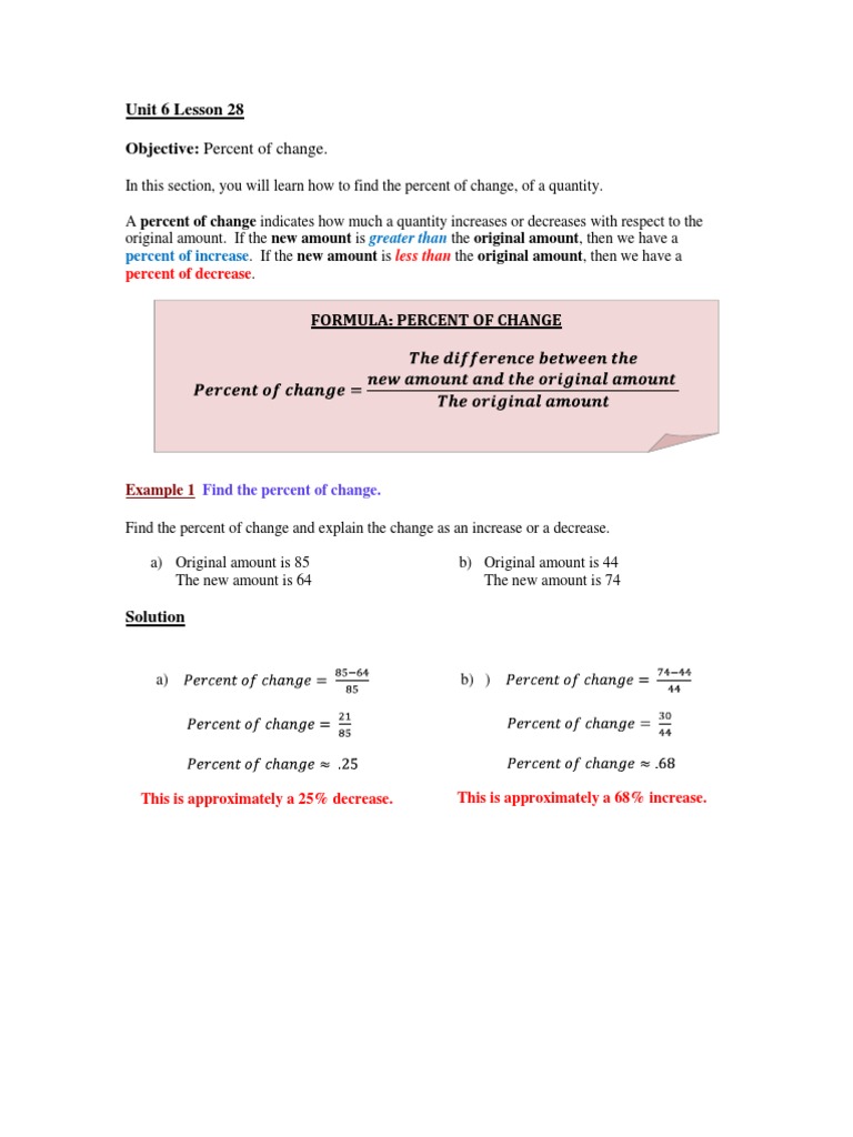 Unit 6 Lesson 28 Objective: Percent of Change | PDF | Percentage | Numbers