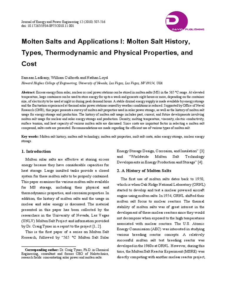 Molten Salts and Applications I: Molten Salt History, Types ...