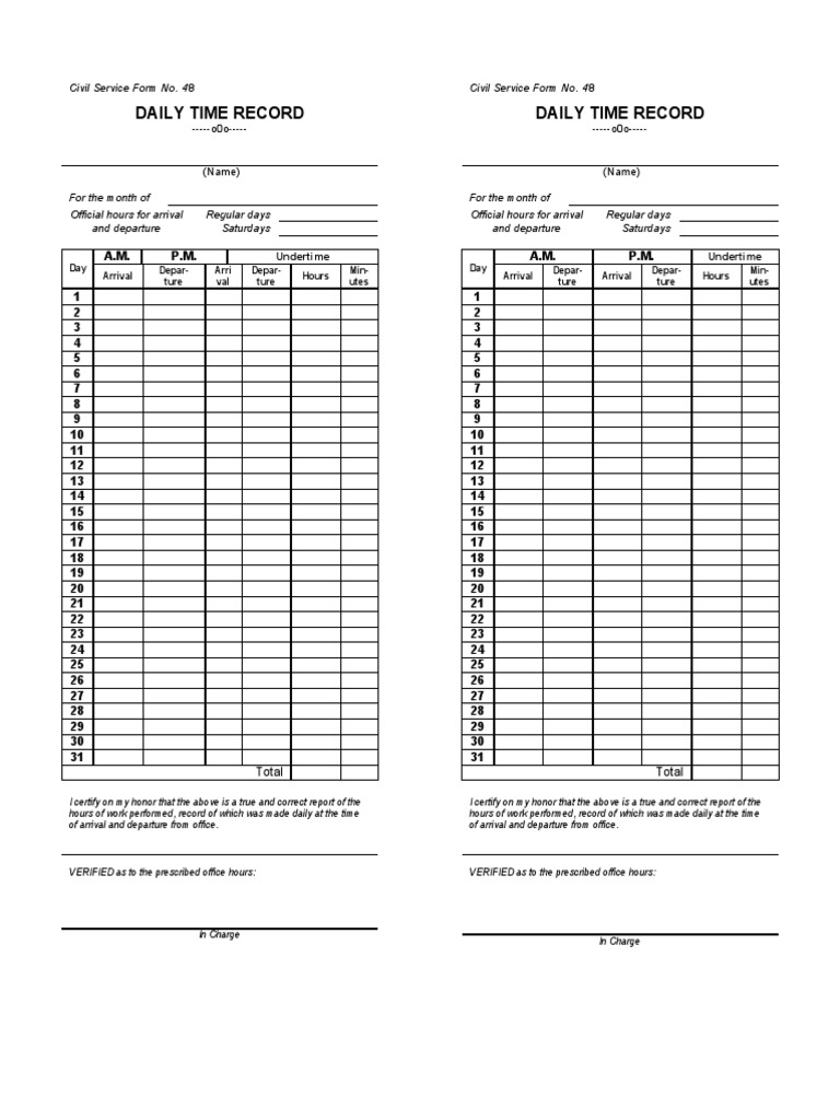 Daily Time Record Form No. 48 | PDF
