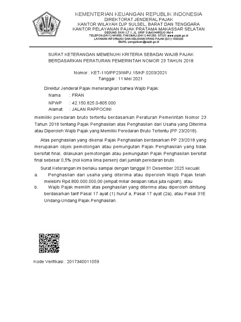 Surat Keterangan Wajib Pajak PP 23 | PDF
