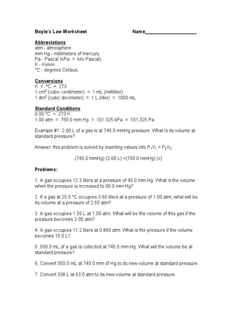 Boyle's Law Worksheet and Problems | PDF | Pascal (Unit) | Gases