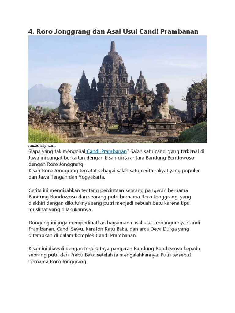 Roro Jonggrang Dan Asal Usul Candi Prambanan | PDF