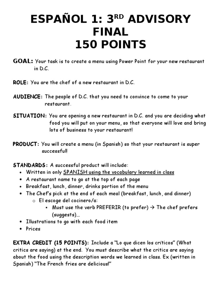 EspaÑol 1 3rd FINAL | PDF | Grammatical Conjugation | Restaurants