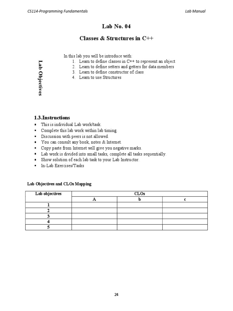 Lab No. 04 Classes & Structures in C++: 1.3. Instructions | PDF | Subroutine | Constructor ...