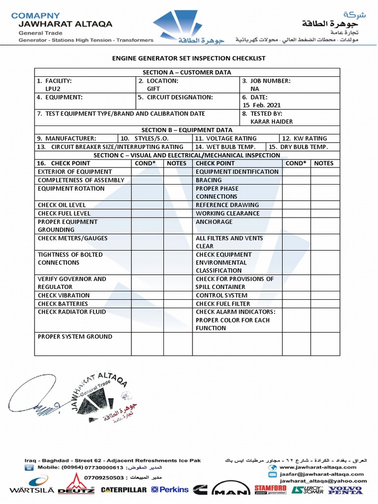 Engine Generator Set Inspection Checklist | PDF | Electric Generator ...