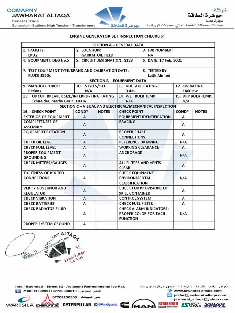Engine Generator Set Inspection Checklist | Download Free PDF ...