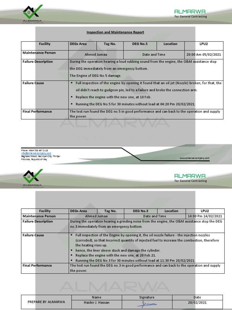 Inspection and Maintenance Report | PDF | Engines | Vehicles