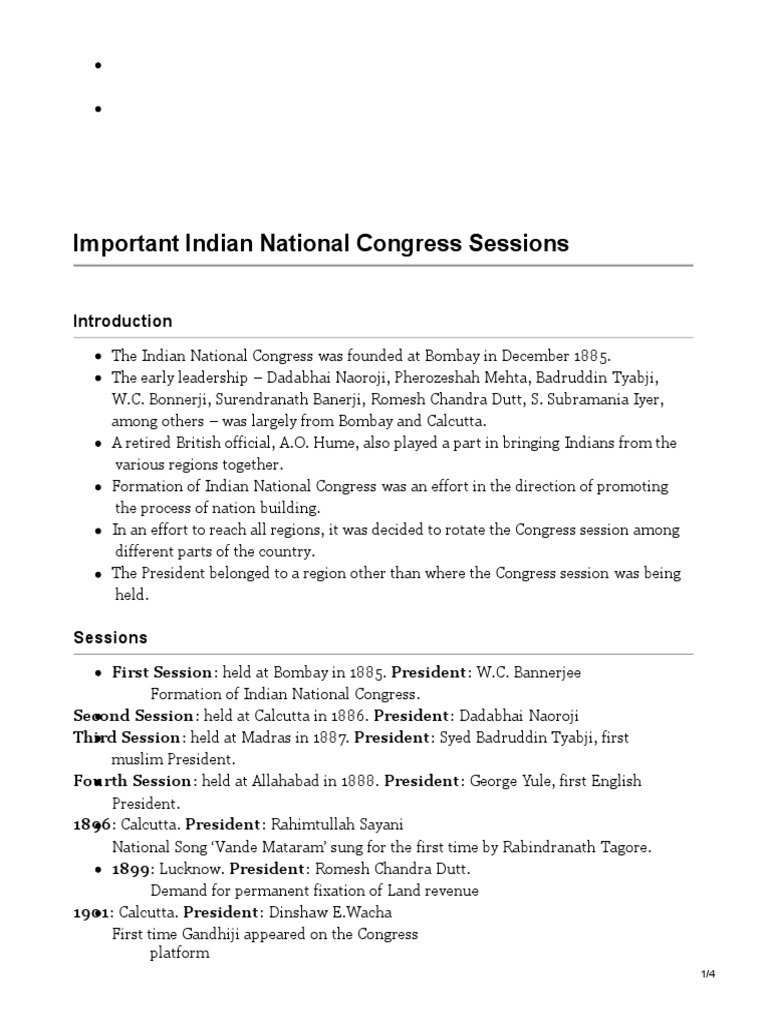 Important Indian National Congress Sessions | PDF | Indian National ...