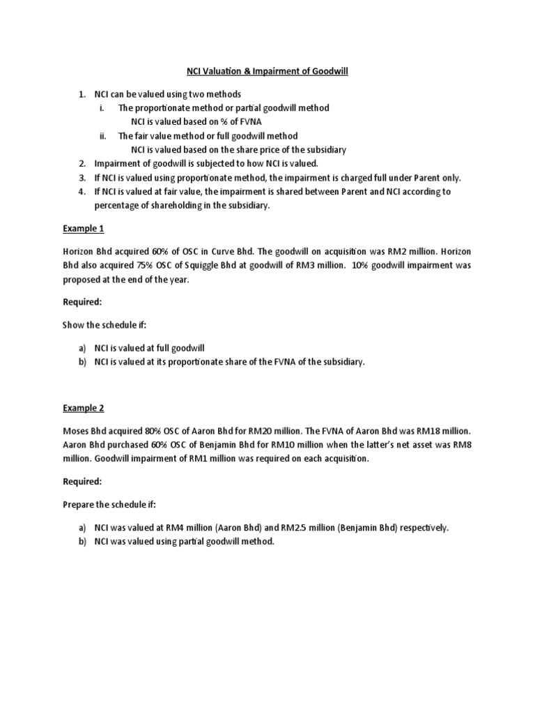 NCI Valuation Methods and Goodwill Impairment | PDF | Finance & Money ...