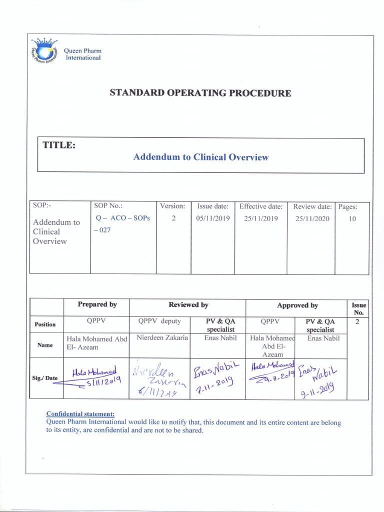 Addendum to Clinical Overview SOP | PDF | Pharmacovigilance | Clinical ...