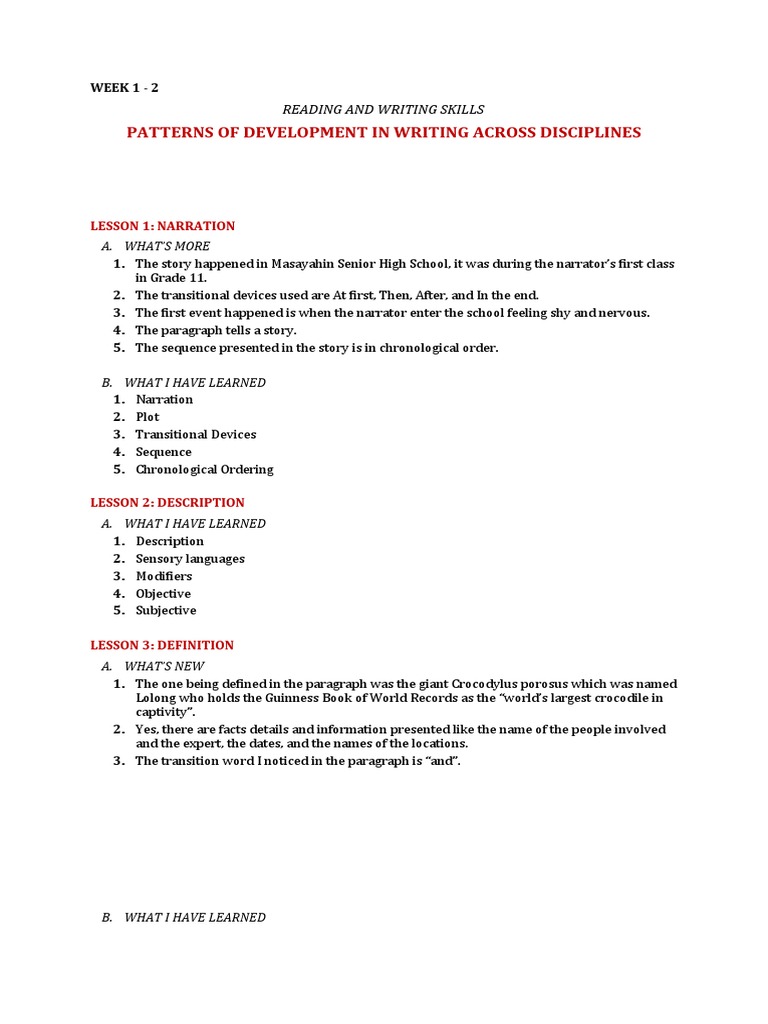 Patterns of Development in Writing Across Disciplines: Reading and Writing Skills | Download ...