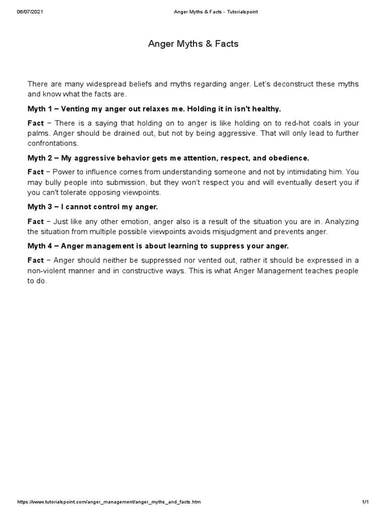 Anger Myths & Facts - Tutorialspoint | PDF