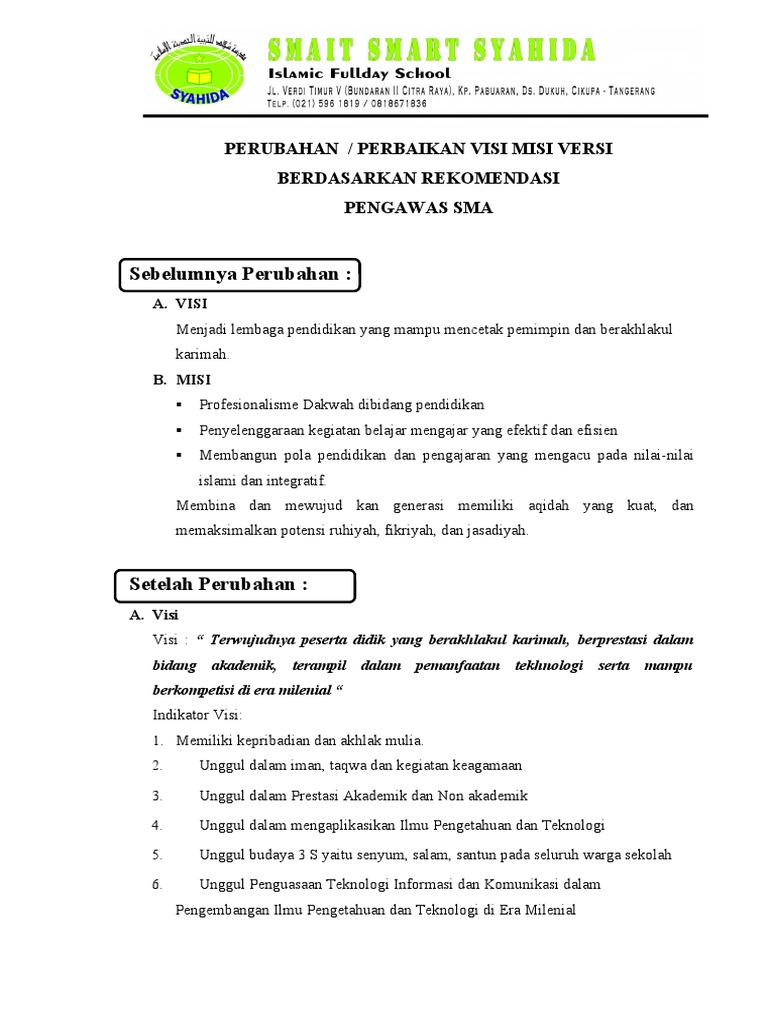 Perubahan Visi Misi SMAIT Smart Syahida | PDF