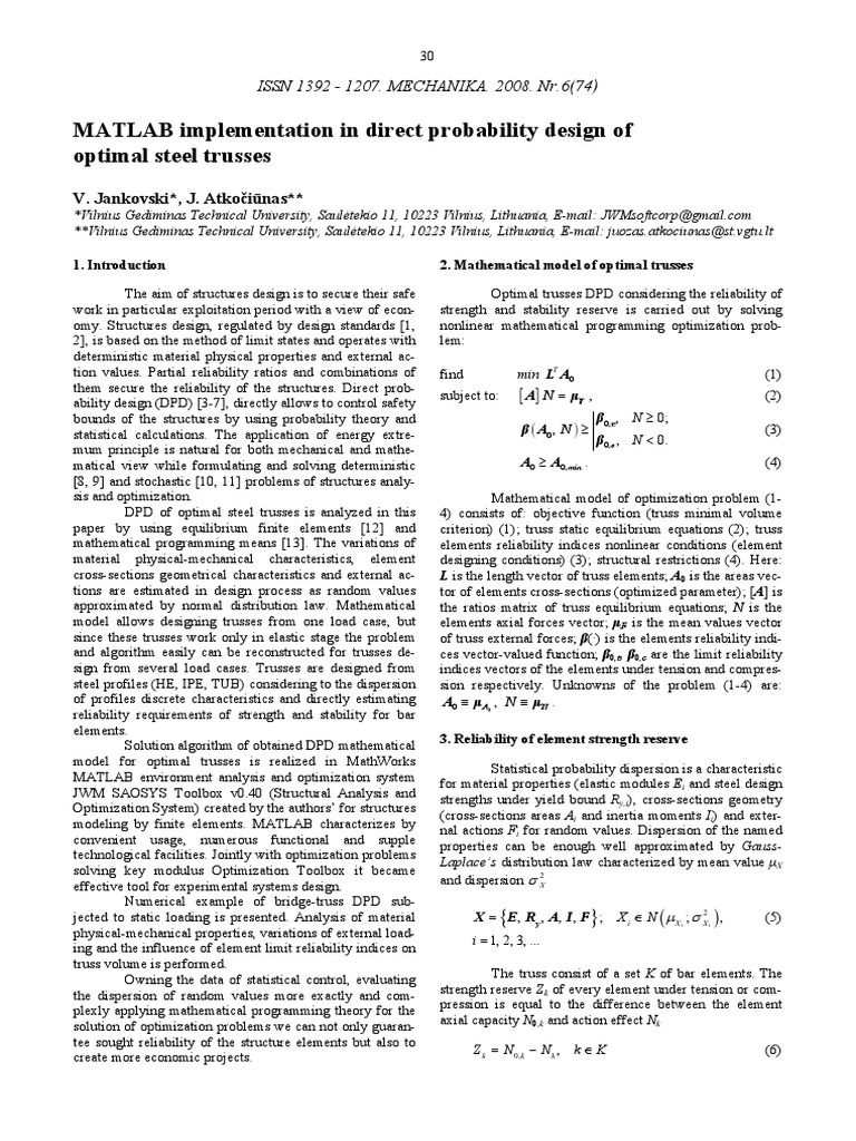 2008-MATLAB Implementation in Direct Probability Design of Optimal Steel Trusses | PDF ...