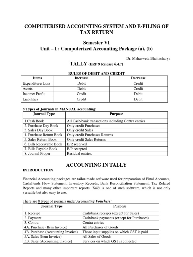 Computerised Accounting System and E-Filing of Tax Return Semester VI ...